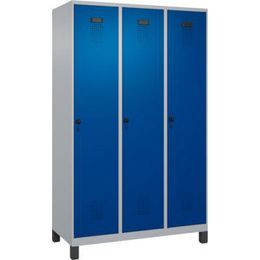 Kleiderspind C+P Evolo Plus, 3 Abteile, 400 mm Abteilbreite, mit F&uuml;&szlig;en, Anschlag rechts, B 1200 x T 500 x H 1950 mm, Drehriegel, wei&szlig;aluminium/enzianblau