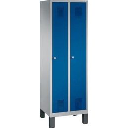 Garderobenspind Evolo S 3000, Stahl, m. F&uuml;&szlig;en, 2 Abteile m. jew. B 300 mm, Zylinderschloss, wei&szlig;aluminium RAL 9006/enzianblau RAL 5010