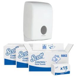 Sparset Scott&reg; Control&trade; Papierhandt&uuml;cher 6663, 15 Packungen &aacute; 212 Blatt + gratis Kimberly-Clark&reg; Aquarius&trade; Papierhandtuchspender 6945, bis 340 Blatt, wei&szlig;