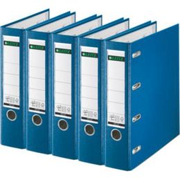 Leitz&reg; Doppelordner 1012, 2 x A5, R&uuml;ckenbreite 75 mm, Pr&auml;zisions-Hebelmechanik, Sichttasche f&uuml;r R&uuml;ckenschild, Griffloch, Polypropylen, blau, 5 St&uuml;ck