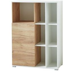 Home Office Kombischrank LIONI, aus Holz, 1 T&uuml;r, 2 geschlossene & 7 offene F&auml;cher, B 850 x T 400 x H 1200 mm, wei&szlig;/Navarra Eiche