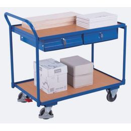 Schäfer Shop Leichter Tischwagen, Stahl/MDF-Platte, Enzianblau/Buche-Dekor, 2 Etagen, L 985 x B 605 mm, 2 Schubladen, TPE-Rollen mit EasySTOP, bis 250 kg