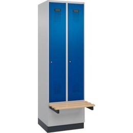 Kleiderspind C+P Evolo Plus, 2 Abteile &agrave; 300 mm Breite, Sockel, schwebende Sitzbank, B 600 x T 815 x H 1950 mm, Zylinder, wei&szlig;aluminium/enzianblau