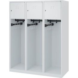 Feuerwehrspind C+P Evolo Youngster, 3 Abteile, ohne Helmhalter, Bodengleiter, B 1200 x T 500 x H 1530 mm, RAL 7035 Lichtgrau