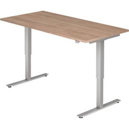 Schreibtisch ULM, elektrisch h&ouml;henverstellbar, Rechteck, T-Fu&szlig;, B 1600 x T 800 x H 720-1190 mm, Nussbaum/alusilber + Kabelwanne