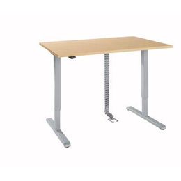 Schreibtisch, elektrisch h&ouml;henverstellbar, inkl. Kabelkette & Kabelkanal, Rechteck, T-Fu&szlig;, B 1200 x T 800 x H 715-1205 mm, Ahorn/wei&szlig;aluminium