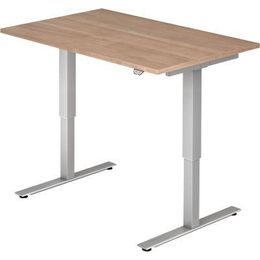 Schreibtisch ULM, elektrisch h&ouml;henverstellbar, Rechteck, T-Fu&szlig;, B 1200 x T 800 x H 720-1190 mm, Nussbaum/alusilber + Kabelwanne