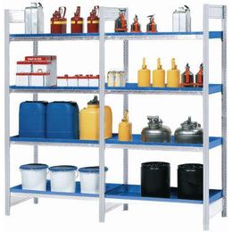 Anbauregal RWW 1044 f&uuml;r Gefahrstoffregal ASECOS RWW 1044, B 1012 x T 437 x H 2000, mit 4 20 l Wannenb&ouml;den aus lackiertem Stahl