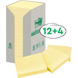 Post-it&reg; Recycling Notes 654-1T, B 76 x H 76 mm, 100 % Recycling-Papier, gelb, 16 Bl&ouml;cke &aacute; 100 Blatt