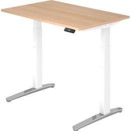 Schreibtisch TOPAS LINE, elektrisch h&ouml;henverstellbar, C-Fu&szlig;, B 1200 x T 800 x H 650-1300 mm, Eiche/wei&szlig;aluminium + Memoryschalter, Kabelkanal
