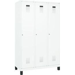 Kleiderspind C+P Evolo Plus, 3 Abteile, 400 mm Abteilbreite, mit F&uuml;&szlig;en, Anschlag rechts, B 1200 x T 500 x H 1950 mm, Zylinder, verkehrswei&szlig;/verkehrswei&szlig;