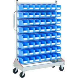 Sichtrollwagen f. Sichtlagerk&auml;sten, einseitig, B 1130 x T 510 x H 1705 mm, 56 x 3 l blau