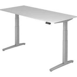 Schreibtisch TOPAS LINE, elektrisch h&ouml;henverstellbar, C-Fu&szlig;, B 1800 x T 800 x H 650-1300 mm, lichtgrau/wei&szlig;aluminium + Memoryschalter, Kabelkanal