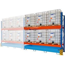 BAUER Umwelt-Anbauregal UR-A 3300-2, Palettenregal, B 3400 x T 1300 x H 3000 mm, f&uuml;r max. 6 IBC, Auffangwanne 1000 l, lichtblau/verkehrsblau/reinorange