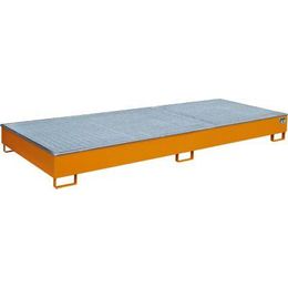 Bauer Regalwanne RW-GR 3300-2 PE, mit Gitterrost und PE-Einsatz, B 3262 x T 1312 x H 267 mm, bis 540 l, Stahl lackiert, gelborange