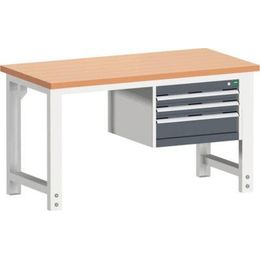 Bott Werkbank cubio, manuell h&ouml;henverstellbar, Rotbuche-Arbeitsplatte 40 mm, B 1500 x T 750 x H 740&ndash;1140 mm, Tragkraft bis 1200 kg, anthrazitgrau/lichtgrau