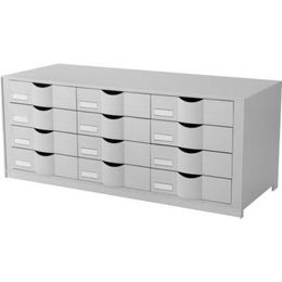 Schubladenbox PAPERFLOW, Format A4, 12 Sch&uuml;be mit geschlossener Front, Griffmulde & Etikettenhalter, Etiketten, B 857 x T 342 x H 350 mm, PS, grau