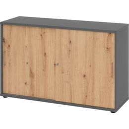 Schiebet&uuml;rschrank Breno, abschlie&szlig;bar, Spanplatte, melaminharzbeschichtet, B 1200 x T 400 x H 748 mm, 2 Ordnerh&ouml;hen, Graphit/Asteiche