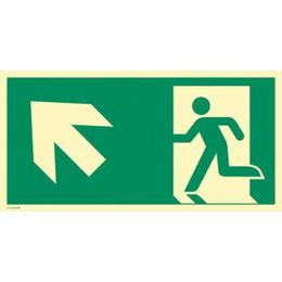 moedel Hinweisschild &bdquo;Notausgang links schr&auml;g oben&ldquo;, EN ISO 7010, Leuchtklasse C, 160 mcd/m&sup2;, bis 20 m, L 200 x B 400 mm, Kunststoff, gr&uuml;n