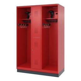 Feuerwehrspind C+P Evolo Maxi, 4 Abteile f&uuml;r 2 Personen, mit Helmhalter, mit Sockel, B 1300 x T 600 x H 1950 mm, RAL 3000 Feuerrot/RAL 7016 Anthrazitgrau