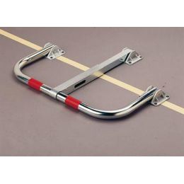 Parksperre Mottez B307C, klappbar, abschlie&szlig;bar, automatische Verriegelung, mit 2 roten Markierungsb&auml;ndern, Bodenmontage, Stahrohr, silber-rot