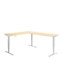 Sch&auml;fer Shop Winkelschreibtisch AERO FLEX, elektrisch h&ouml;henverstellbar, 90&deg; Winkel, T-Fu&szlig;, B 2000 x T 2400 mm, Ahorn/wei&szlig;alu + Memorypanel