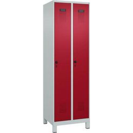 Kleiderspind C+P Evolo Plus, 2 Abteile, 300 mm breit, mit F&uuml;&szlig;en, Sicherheits-Drehriegel, B 600 x T 500 x H 1950 mm, lichtgrau/rubinrot