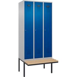 Kleiderspind C+P Evolo Plus, 3 Abteile &agrave; 300 mm Breite, schwebende Sitzbank, B 900 x T 815 x H 2120 mm, Zylinder, wei&szlig;aluminium/enzianblau