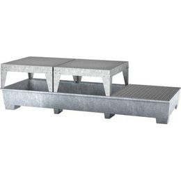 IBC-Station ASECOS, Stahl, mit Gitterrost, 2 Abf&uuml;llb&ouml;cken u. Staplerschuhen, 1000 l Auffangvolumen, B 3280 x T 1300 x H 820 mm, verzinkt