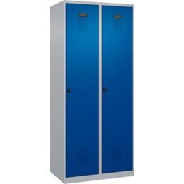 Kleiderspind C+P Evolo Plus, 2 Abteile, Anschlag rechts, Sicherheits-Drehriegel, B 800 x T 500 x H 1850 mm, wei&szlig;aluminium/enzianblau