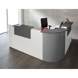 Winkeltheke Come-In, rund, L 2125 x B 2525 mm, wei&szlig;, 3 Ablagen in Graphit, Eckelement alusilber
