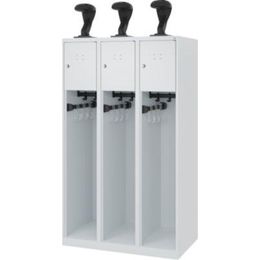 Feuerwehrspind C+P Evolo Youngster, 3 Abteile, mit Helmhalter, Bodengleiter, B 900 x T 500 x H 1530 mm, RAL 7035 Lichtgrau