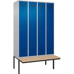 Kleiderspind C+P Evolo Plus, 4 Abteile &agrave; 300 mm Breite, schwebende Sitzbank, B 1200 x T 815 x H 2120 mm, Zylinder, wei&szlig;aluminium/enzianblau