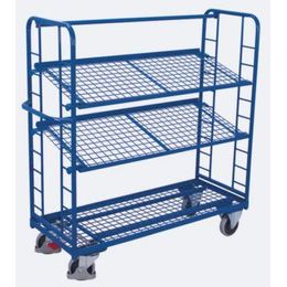 Etagenwagen, Stahl/Drahtgitter, Enzianblau, 3 Etagen, 1650 x 650 mm, Stirnw&auml;nde mit Rundstahlverstrebung, EasySTOP, bis 400 kg