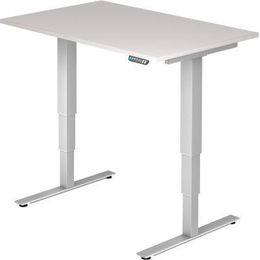 Schreibtisch ULM, elektrisch h&ouml;henverstellbar, Rechteck, T-Fu&szlig;, B 1200 x T 800 x H 625-1275 mm, lichtgrau/wei&szlig;alu + Memoryschalter