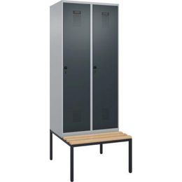 Kleiderspind C+P Evolo Plus, 2 Abteile, 400 mm Abteilbreite, mit untergebauter Sitzbank, B 800 x T 815 x H 2120 mm, Drehriegel, wei&szlig;aluminium/anthrazitgrau
