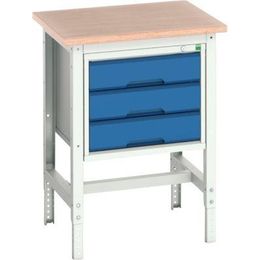 Werkbank Bott verso, Multiplex-Platte, mit Querstrebenset, 3 Schubladen, B 700 x T 600 x H 780 - 930 mm, Lichtgrau / Enzianblau