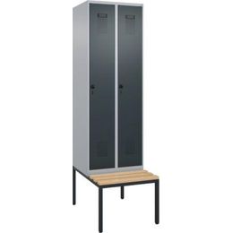 Kleiderspind C+P Evolo Plus, 2 Abteile mit je 300 mm Breite, Unterbau-Sitzbank, B 600 x T 815 x H 2120 mm, Drehriegel, wei&szlig;aluminium/anthrazitgrau
