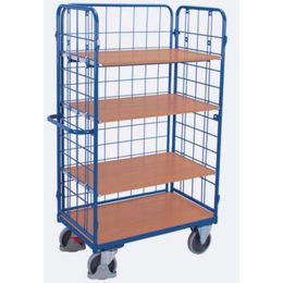 Drahtgitter-Etagenwagen, Stahl/MDF-Platte, Enzianblau/Buche-Dekor, 1 Etage, 850 x 500 mm, einh&auml;ngbare L&auml;ngswand, EasySTOP, bis 400 kg