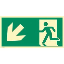 moedel Fluchtwegschild &bdquo;Notausgang links abw&auml;rts&ldquo;, nach ISO 7010 E001, Kunststoff, langnachleuchtend, B 400 x H 200 mm