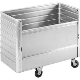 Transportwagen aus eloxiertem Aluminium, absenkbare L&auml;ngswand, 650 Liter, ohne Deckel