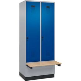 Kleiderspind C+P Evolo Plus, 2 Abteile &agrave; 400 mm Breite, Sockel, schwebende Sitzbank, B 800 x T 815 x H 1950 mm, Drehriegel, wei&szlig;aluminium/enzianblau
