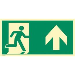 moedel Fluchtwegschild &bdquo;Notausgang rechts Pfeil oben&ldquo;, nach ISO 7010 E002, Aluminium 1,8 mm, langnachleuchtend, B 594 x H 297 mm