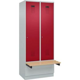 Kleiderspind C+P Evolo Plus, 2 Abteile &agrave; 400 mm Breite, Sockel, schwebende Sitzbank, B 800 x T 815 x H 1950 mm, Zylinder, lichtgrau/rubinrot