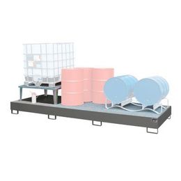 Auffangwanne Bauer AWA 31, Stahl, grau, L 3850 x B 1460 x H 780 mm, 1000 l, f&uuml;r 3 x 1000 l IBC, 1 Abf&uuml;llaufsatz, 2 Gitteroste
