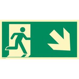 moedel Hinweisschild &bdquo;Notausgang rechts Pfeil abw&auml;rts&ldquo;, EN ISO 7010, Leuchtklasse C, 160 mcd/m&sup2;, bis 20 m, selbstklebend, L 200 x B 400 mm, Kunststoff, gr&uuml;n