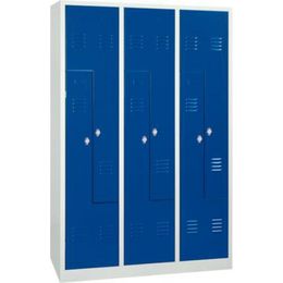 Kleiderspind, 6 Abteile, mit Sockel, 6 F&auml;cher, mit Z-T&uuml;ren, Drehriegelverschluss, lichtgrau/blau