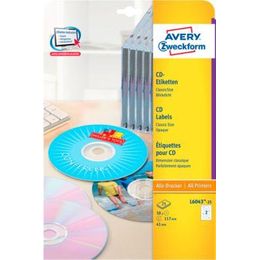 Avery Zweckform CD-Etiketten L6043-25 ClassicSize, geeignet f&uuml;r Inkjet-& Laserdrucker, blickdicht, &Oslash; 117 mm, 50 St&uuml;ck/25 A4-Bogen, FSC&reg;-Papier, wei&szlig;