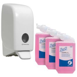 Sparset Scott&reg; Essential&trade; Schaumseife 6340, 3 Flaschen &aacute; 1 l + gratis Kimberly-Clark&reg; Aquarius&trade; Handseifenspender 6948, F&uuml;llmenge 1 l, wei&szlig;