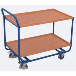 Schäfer Shop Tischwagen, Stahl/MDF-Platte, Enzianblau/Buche-Dekor, 2 Etagen, L 970 x B 570 mm, TPE-Rollen mit Feststellbremse, bis 200 kg